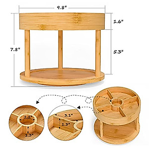 2 Tier Lazy Susan Spice Organizer - Bamboo Wooden Two Tier Lazy Susan Turntable with 4 DIY Partition Board 9.8 inch for Cabinet