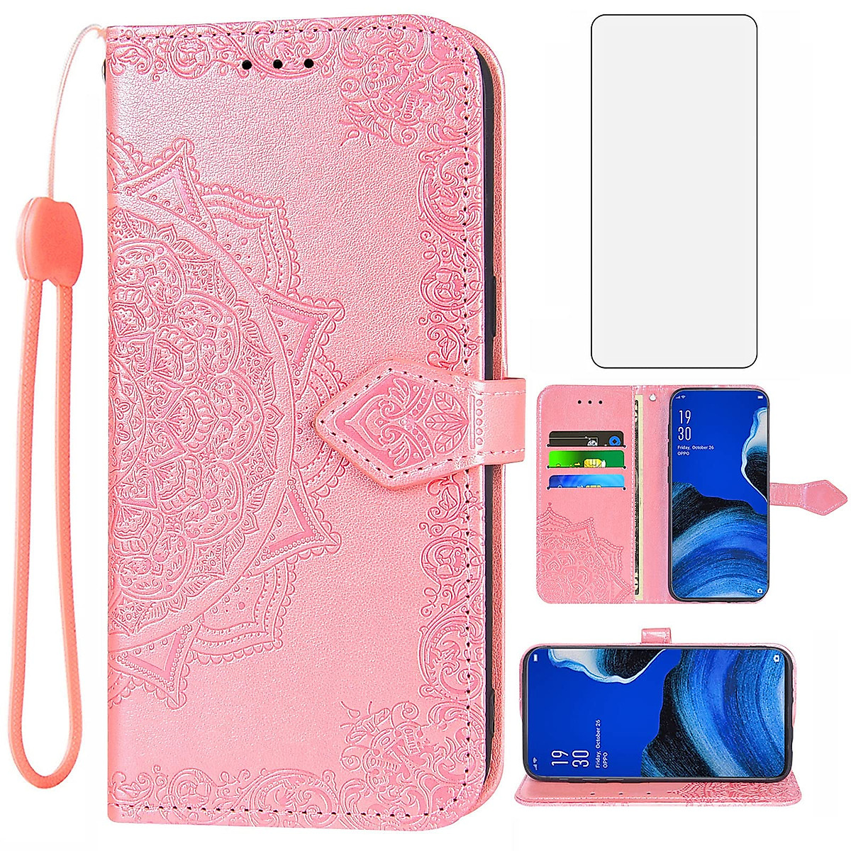 Asuwish Compatible with Oppo Reno2 Z Wallet Case and Tempered Glass Screen Protector Leather Mandala Flower Flip Cover Card Holder Stand Cell Accessories Phone Cases for Reno2Z 2019 Women Rose Gold