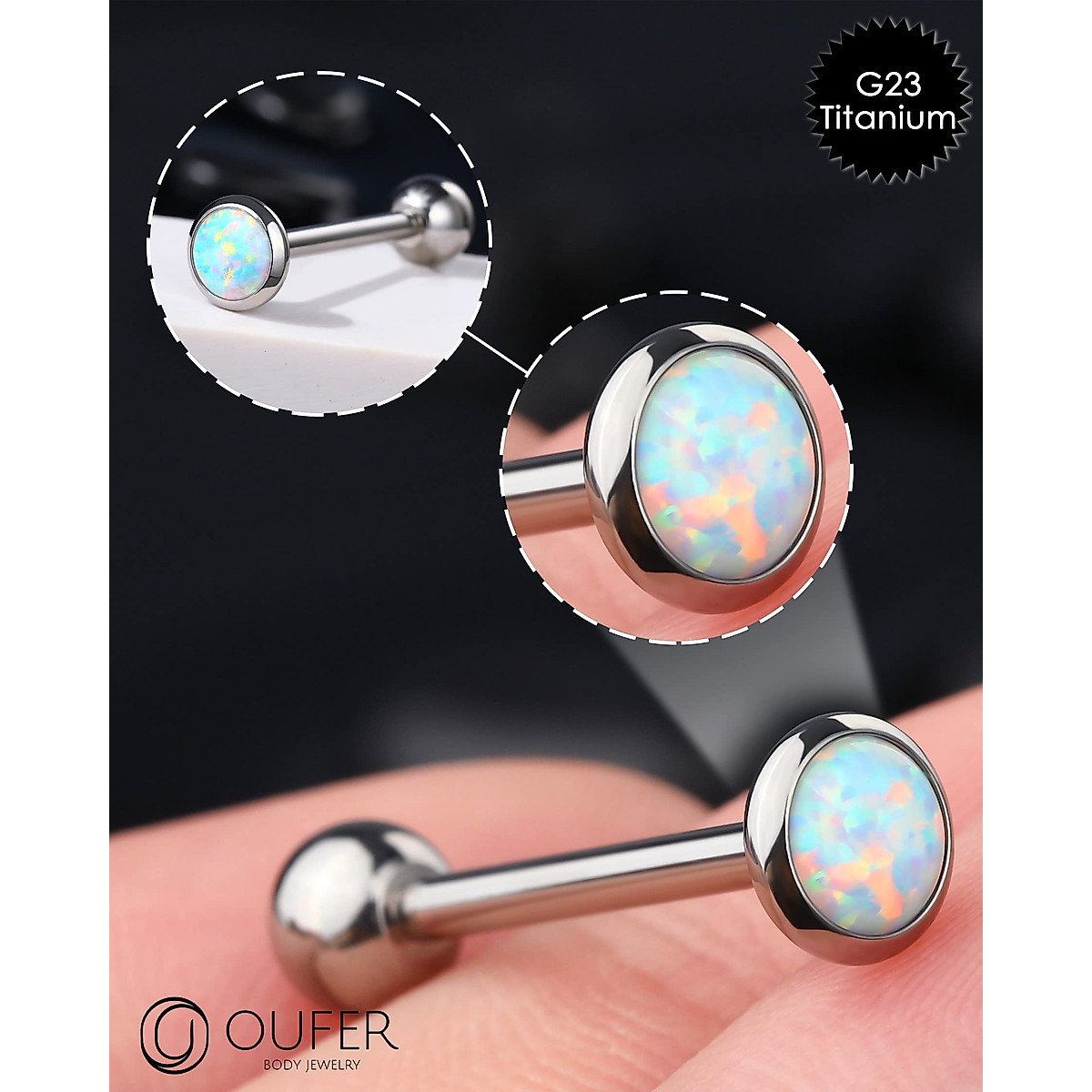 OUFER 14G Tongue Rings, G23 Solid Titanium Tongue Piercing Jewelry, White Opal Internally Threaded Tongue Ring, Tongue Rings for Women Men