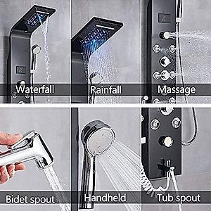 AlenArt Wall Mount Stainless Steel LED Shower Panel Tower System, Rainfall Waterfall Shower Head, Hydroelectricity Display with Massage Jets,Black