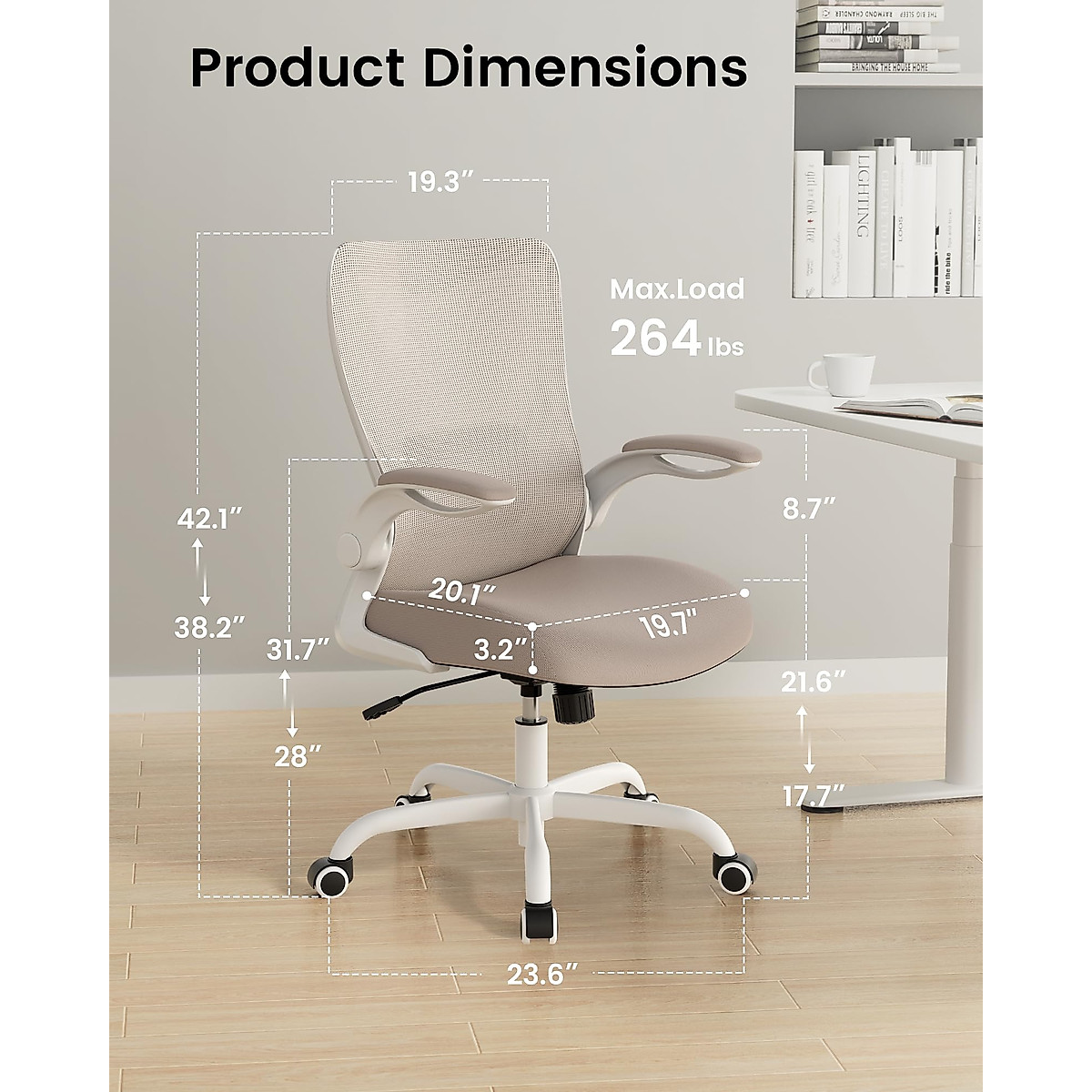 MUXX.STIL Office Chair, Ergonomic Desk Chair with Adjustable Lumbar Support and Flip up Armrest, Breathable Mesh Computer Chair for Home Office, Khaki