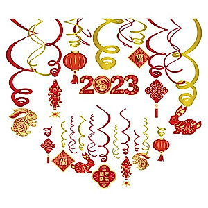Cieovo 30Ct Chinese New Year 2023 Hanging Swirls Decorations Chinese Red Lanterns,Chinese Knot Hanging Swirl Year of The Rabbit Festival Ceiling Decorations for Party Home Office Bedroom Decorations