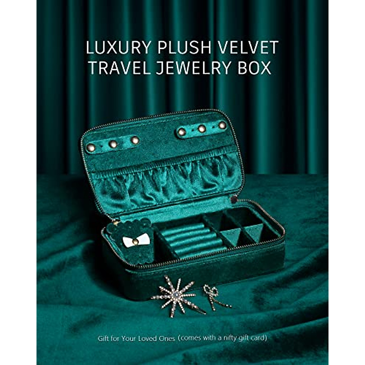 V-LAFUY Jewelry Travel Organizer, Travel Jewelry Case Small Travel Jewelry Box for Women Storage Rings Earrings Necklaces - Emerald Velvet Green