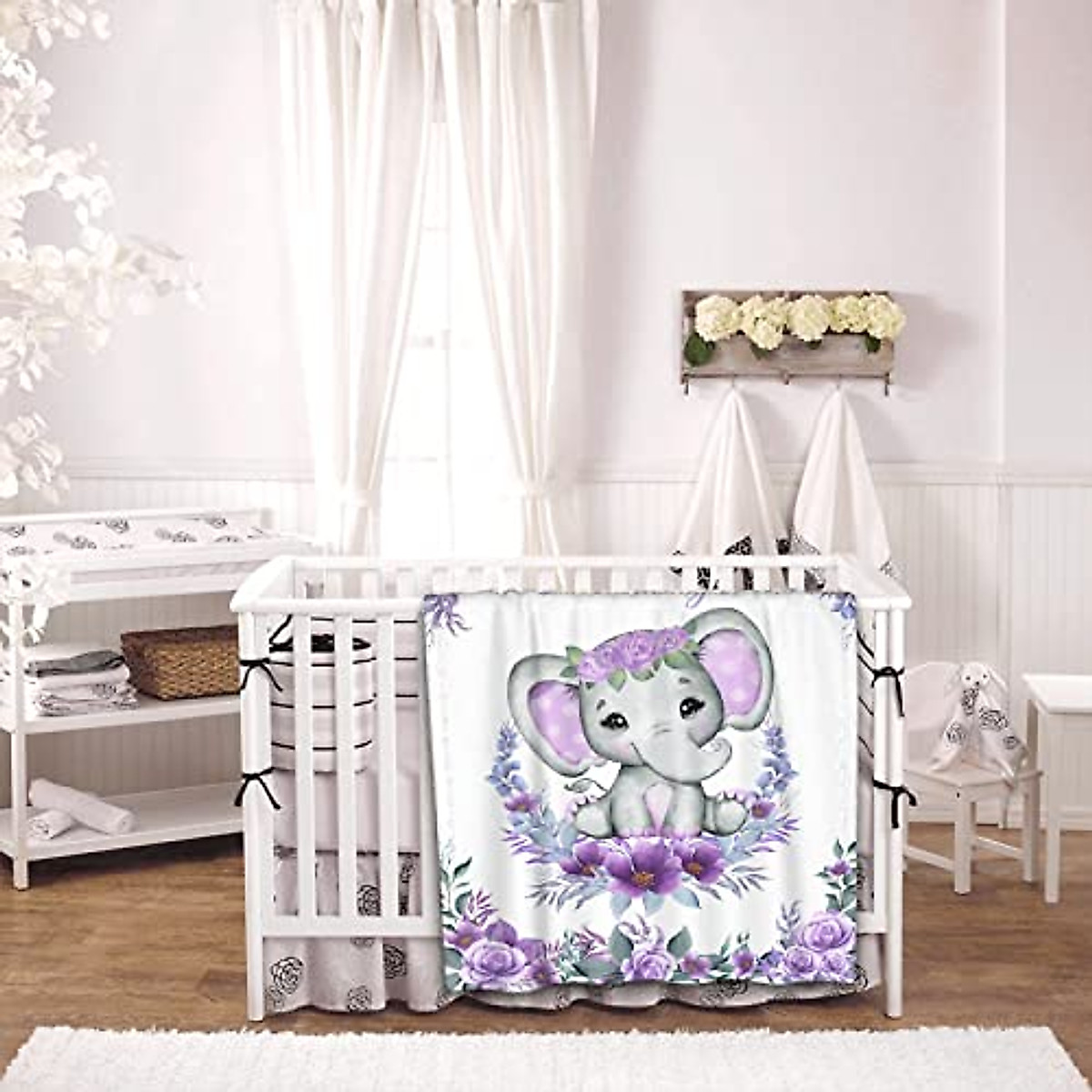 Abhibhu Elephant Purple Floral Custom Baby Blanket, Soft Cozy Fleece, XS for Babies, Personalized Name Blanket Gifts for Newborn Baby Shower