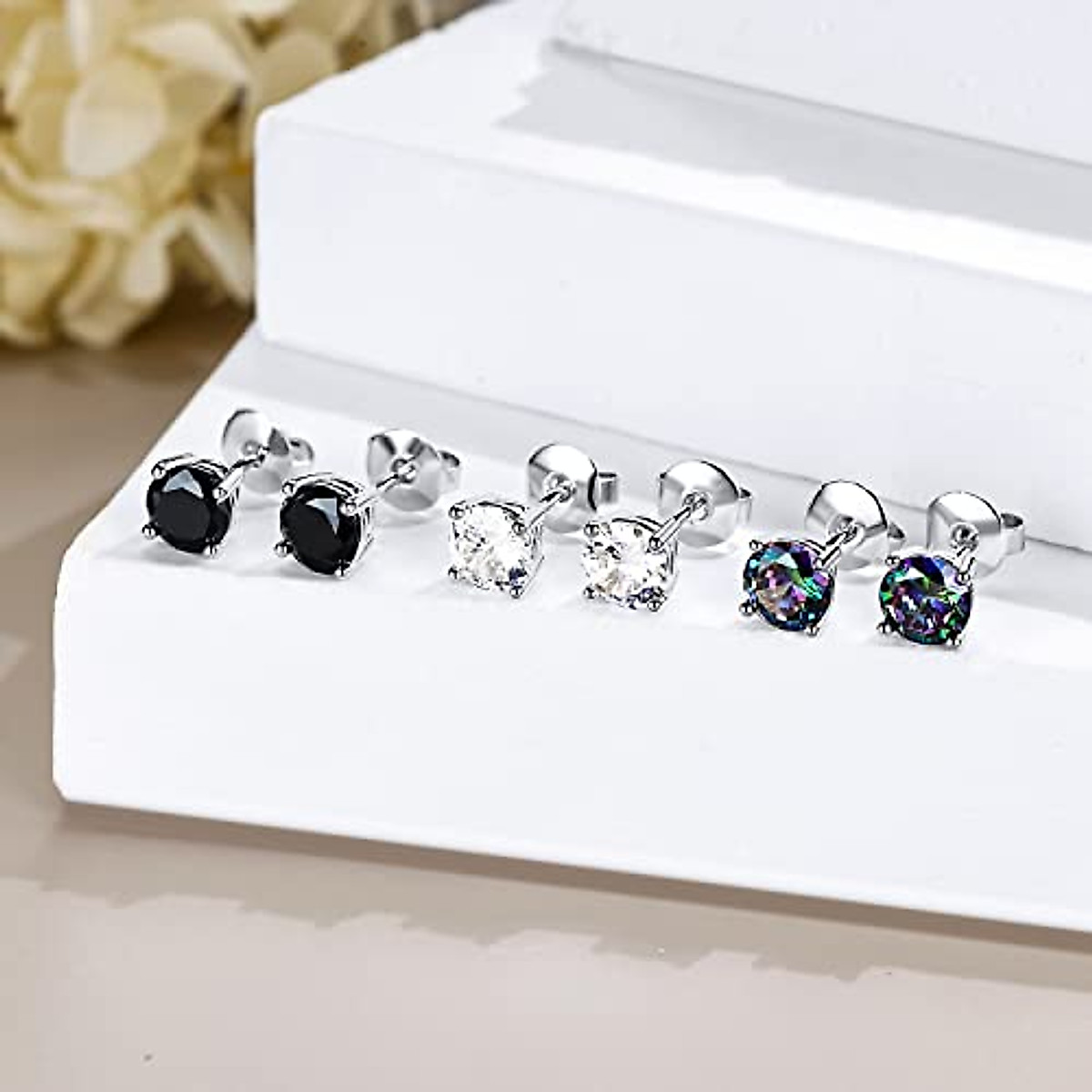 3 Pairs 6mm Round Stud Earrings Set for Women and Men, Clear/Rainbow/Black Cubic Zirconia Hypoallergenic Earring Pack (White Gold)