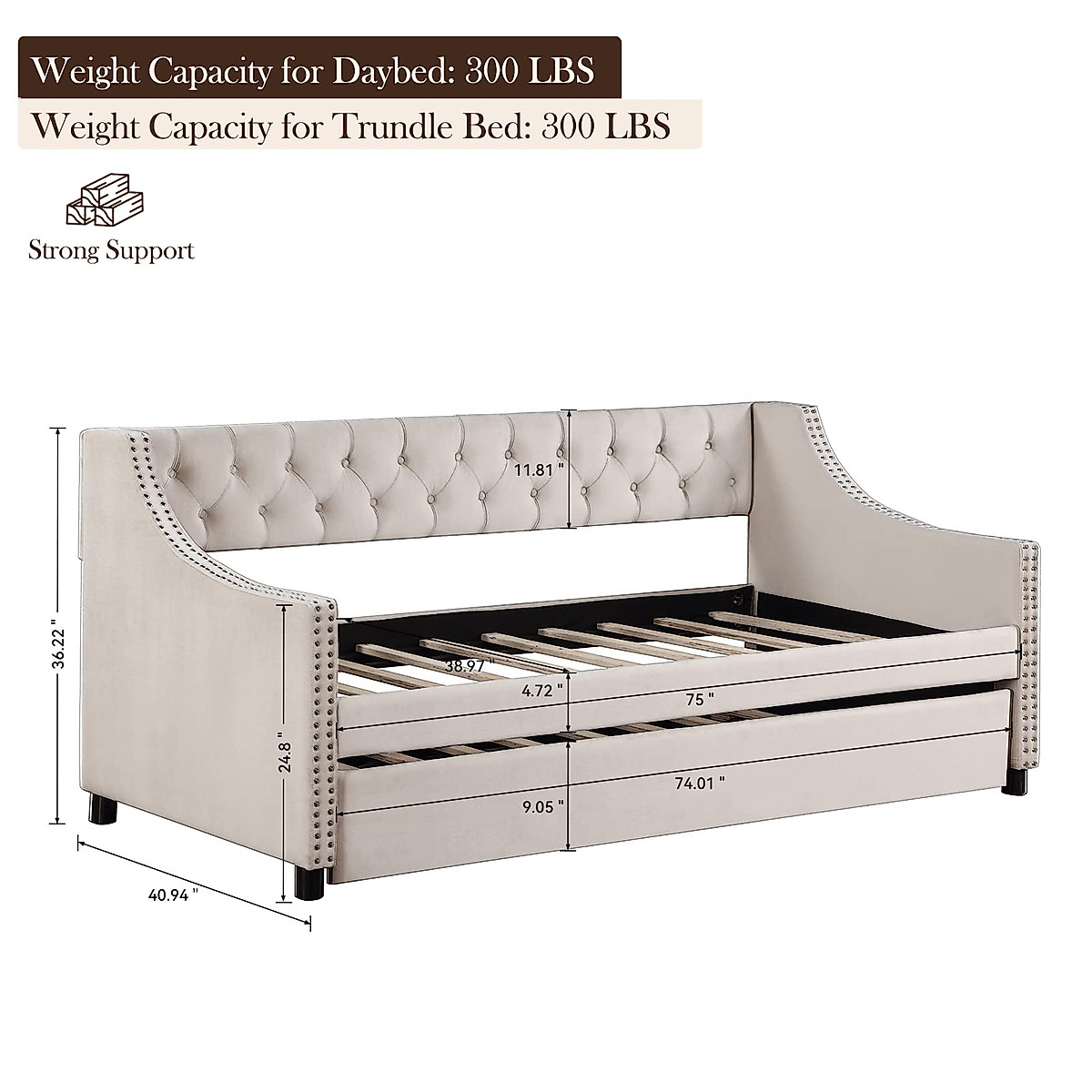 Obuvar Twin Size Daybed with Trundle, Upholstered Velvet Day Bed Frame with Tufted Button, Modern Furniture Sofa Bed for Living Room, Bedroom, Guest Room, Dorm, No Box Spring Needed, Beige