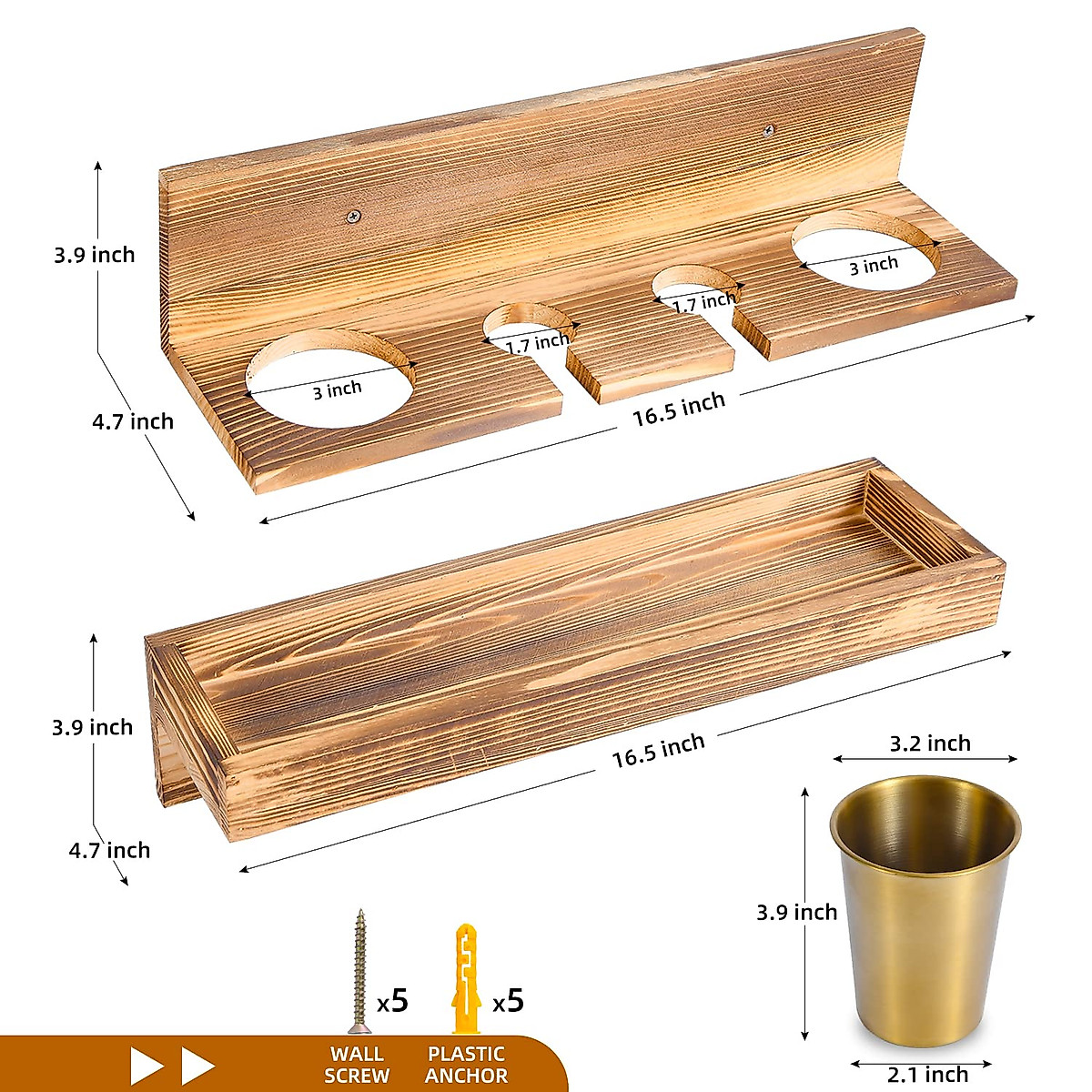 UPTRUST Wall Mount Hair Tool Organizer, Set of 2 Layer Rustic Wooden Dryer Holder Rack, Hair Product Organizer Tray for Hair Dryer with 4 Hooks