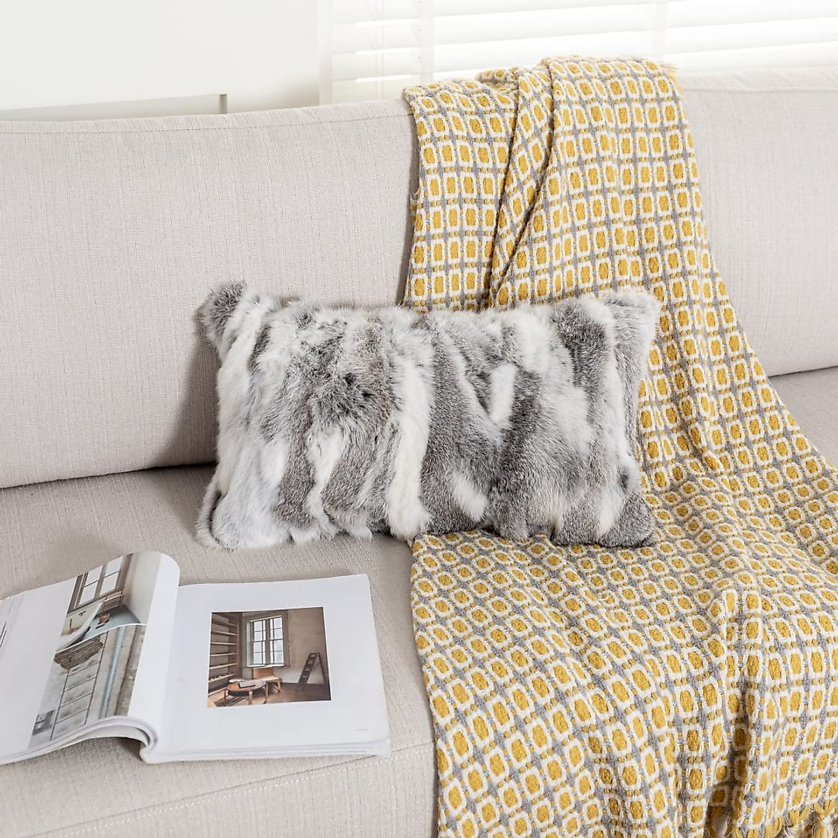 yingda1992 Real Rabbit Fur Pillow Case Cushion Cover Rabbit Fur Throw Decorative Animal Skin Pillowcase Home Living Room (Grey, 30×50cm（12in×20in）)