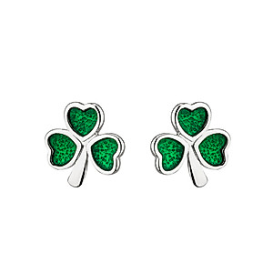 Biddy Murphy, Irish Three Leaf Clover Shamrock Earrings for Women, Sterling Silver Celtic Green Enamel Studs, Made in Ireland by Artisan Jewelers