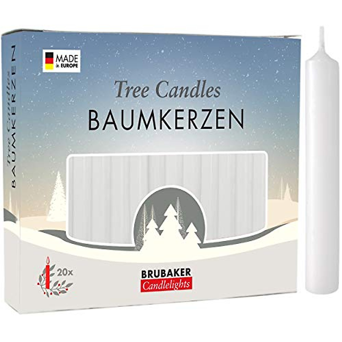BRUBAKER Tree Candles - Pack of 20 - White - 3¾ x ½ Inches (9.5 x 1.27cm) - Made in Europe - Pyramids, Carousels & Chimes