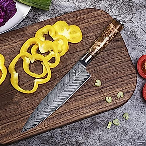 Paul Brown's™ Japanese AUS10 Damascus Steel 8 inch Chef Knife Sapele Wood Handle Arrow Pattern 67 Layers Sharp Kitchen Knife with Pine wood Gift box and Leather Sheath