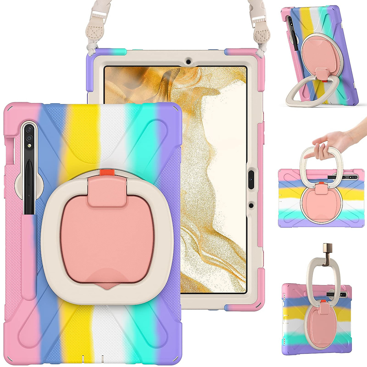 BRAECN Case for Galaxy Tab S9/S8/S7 11 Inch SM-X710/X700/T870, Rugged Silicone Cover with Stable Kickstand, S Pen Holder, 360°Rotating Handel Grip, Shoulder Strap for Galaxy Tab S9 2023, Colorful Pink