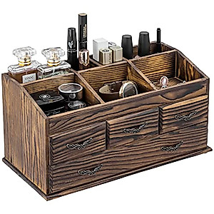 MyGift 7 Compartment Rustic Burnt Brown Wood Vanity Organizer Rack with 4 Storage Drawers for Jewelry, Perfume, Cosmetics and Hair Accessories