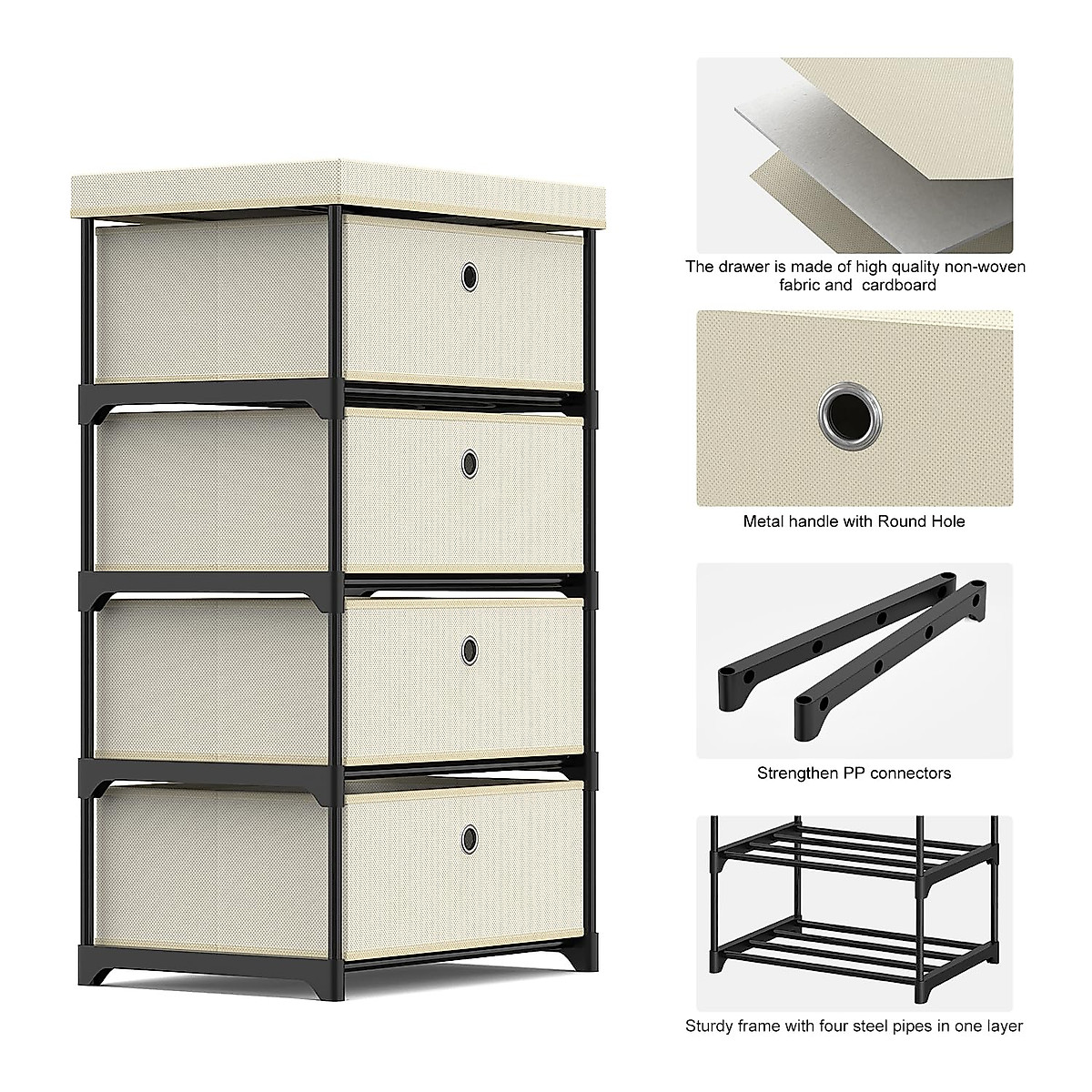 HODYANN Dresser with 4 Storage Drawers, Fabric Storage Chest for Closet, Bedroom, Dorm, Hallway, Clothes Organizer Unit with Fabric Bins (Creamy White)