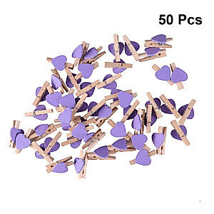 NUOBESTY Woodsy Decor 50pcs Mini Wooden Clips Clothespins Crafts Clips with Hearts for Wedding Party Valentines Day Decoration Purple Trendy Decor