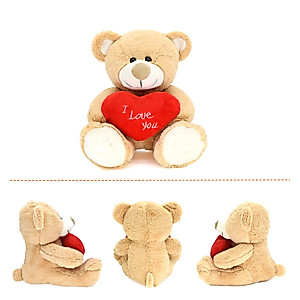 I Love You! 10'' Teddy Bear with Red Heart, Soft Plush Bear Doll Stuffed Animal Toys Valentines Day Decor Gifts for Her/Girlfriend Lover Mom Kids (Light Brown)