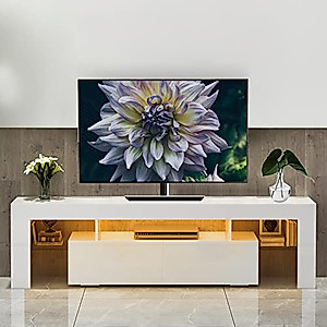 HAKFOO Modern LED TV Stand for 65/55 inch TV, Modern Entertainment Center with 1-2 Storage Drawers, High Gloss Television Stand for Living Room, APP/Remote RGB Light (White, 63inch)