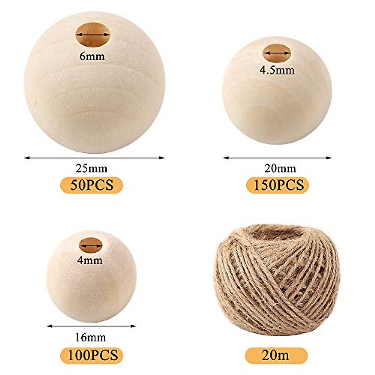 DICOBD 300pcs Wooden Beads 3 Sizes(16mm/20mm/25mm) Natural Unfinished Round Wood Beads Large with 20 Metre Jute Twine for Jewelry Making Home Farmhouse Decoration