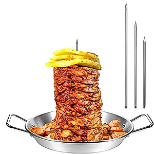 Al Pastor Skewer for Grill, BBQ Vertical Stand Skewer Tacos Barbecue Hack Vertical Spit with 13" Base Pan for Shawarma-Grilling Accessory Brazilian Churrasco with 3 Spikes (8”, 10" and 12”)