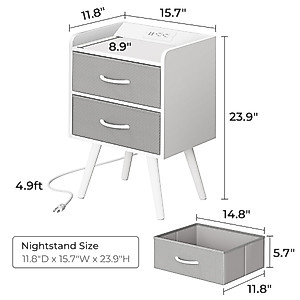 Huuger Night Stand with Charger Station, Nightstand with Drawers, Bedside Table, End Table with Solid Wood Feet, White Nightstand, Side Tables for Bedroom