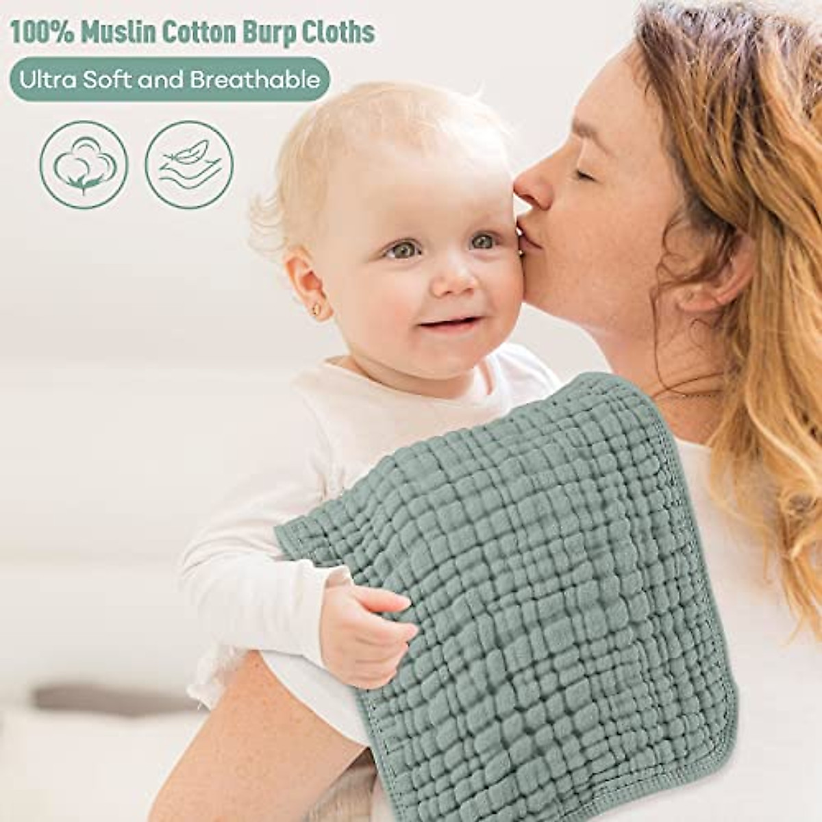 Yoofoss Muslin Burp Cloths 6 Pack Baby Washcloths Large 20''X10'' 100% Cotton 6 Layers Super Soft and Absorbent - Dark Green