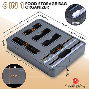 CiWiVOKi Storage Bag Organizer for Kitchen Drawer, Foil and plastic Wrap Organizer with Cutter, Plastic Kitchen Organizers and Storage for Sandwich Gallon Quart Snack Bags, 12" Aluminum Foil, Grey