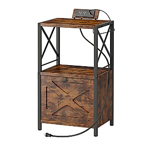 Homeiju Nightstand with Charging Station and LED Light, End Table with Large Drawers and Open Shelf, Side Table with USB Ports and Outlets, Bed Stand End Table for Bedroom, Rustic Brown