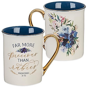 Christian Art Gifts Ceramic Coffee & Tea Mug for Women 12 oz Navy Blue Floral w/Gold Accents Inspirational Bible Verse Mug -More Precious than Rubies - Proverbs 3:15 Lead-free Scripture Cup