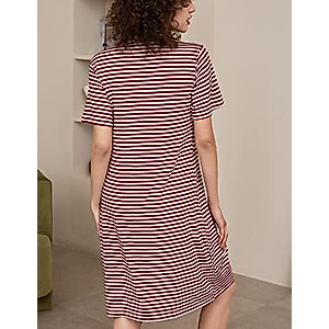 Ekouaer Women's Striped Short Sleeve Nightgown Button Down Sleepwear Soft Sleeping O-Neck Nightshirts Boyfriend Sleep Gown-Wine Red XL