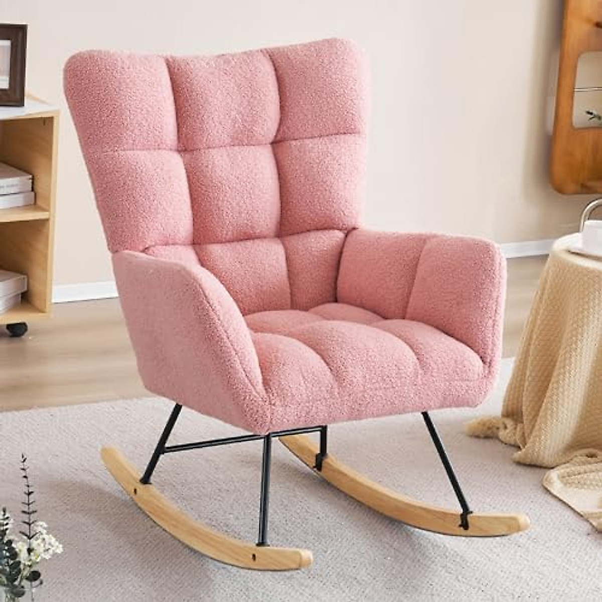Furnimart Rocking Chair, Nursery Glider Rocker with High Backrest, Upholstered Glider Rocking Chairs for Nursery, Pink Comfy Reading Chair, Teddy Fabric Side Chair for Living Room, Bedroom