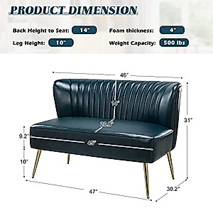 HULALA HOME Contemporary Loveseat Sofa with Metal Legs, Upholstered PU Faux Leather 2-Seat Small Couch, Armless Love Seats Chairs for Bedroom, Living Room, Office, Apartment, Small Space/Turquoise