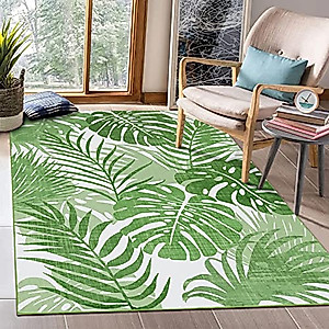 RUGSREAL 5x7 Area Rug for Living Room Low Profile Palm Tree Leaf Area Rug Large Throw Carpet Indoor Machine Washable Rug for Bedroom Kitchen Patio Home Decor, 5' x 7' Green