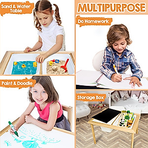 AMAWOOD Kid's Wooden Sensory Table with 2 Storage Bins, Play Sand & Water Table for Kids, Children Activity Table with Blackboard & Whiteboard, Gift for Boys Girls