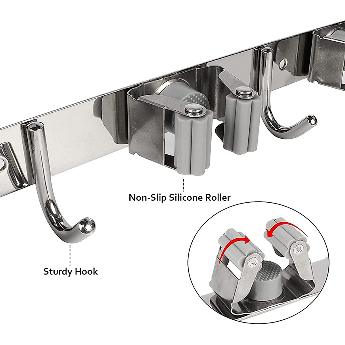 YYTONG Broom and Mop Holder, Wall Mounted Broom Holder, Stainless Steel Mop Holder, Self Adhesive Heavy Duty Hooks Storage Organizer for Laundry Room Garden Garage Closet Kitchen (3 Racks 4 Hooks)