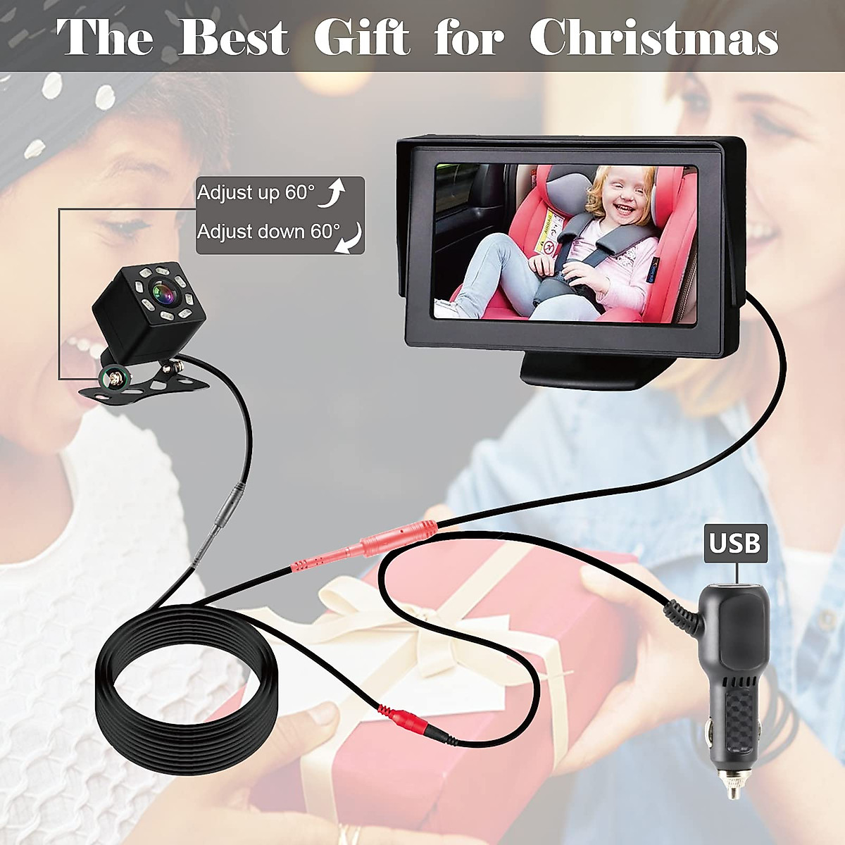 Baby Car Mirror, Baby Car Camera Monitor with 4.3'' HD Night Vision Display and The Car Seat Camera for Baby Rear Facing with Wide Clear View to Easily Observe The Baby's Move While Driving, SAMFIWI