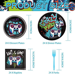 96 Pcs Video Game Party Supplies Paper Plates Napkins Gaming Party Birthday Decorations Favors for Kids Gaming Serves 24