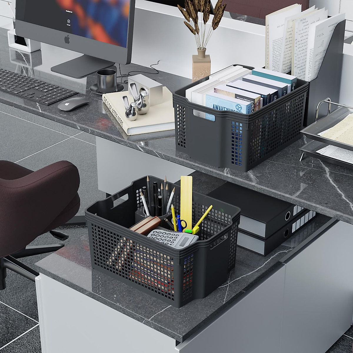 Drephia 12 Pack Large Storage Plastic Basket, Stacking Organizer Bins, 14.17" x 10.70" x 7.12", Black