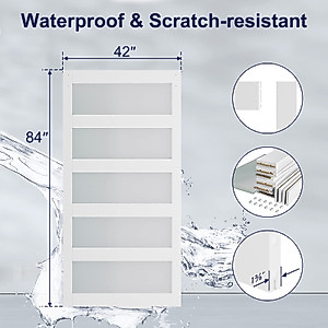 SmartStandard 42 x 84 inch Glass Barn Door with 7FT Brushed Nickel Sliding Hardware Track Kit, Waterproof PVC Coating, White, 5-Panel Glass