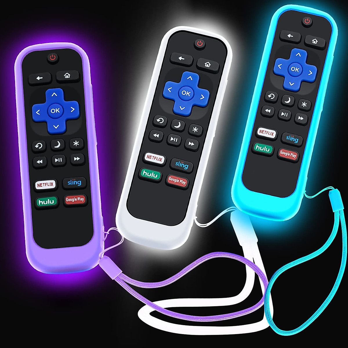 3Pack Case for Roku Remote, Cover for TCL Roku TV Steaming Stick/Hisense/Express Replacement Controller Universal Silicone Sleeve Skin Glow in The Dark Purple Blue White