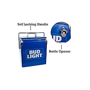 Bud Light King of Beers Retro Ice Chest Cooler with Bottle Opener 13L (14 qt), 22 Can Capacity, Yellow and Silver, Vintage Style Ice Bucket for Camping, Beach, Picnic, RV, BBQs, Tailgating, Fishing