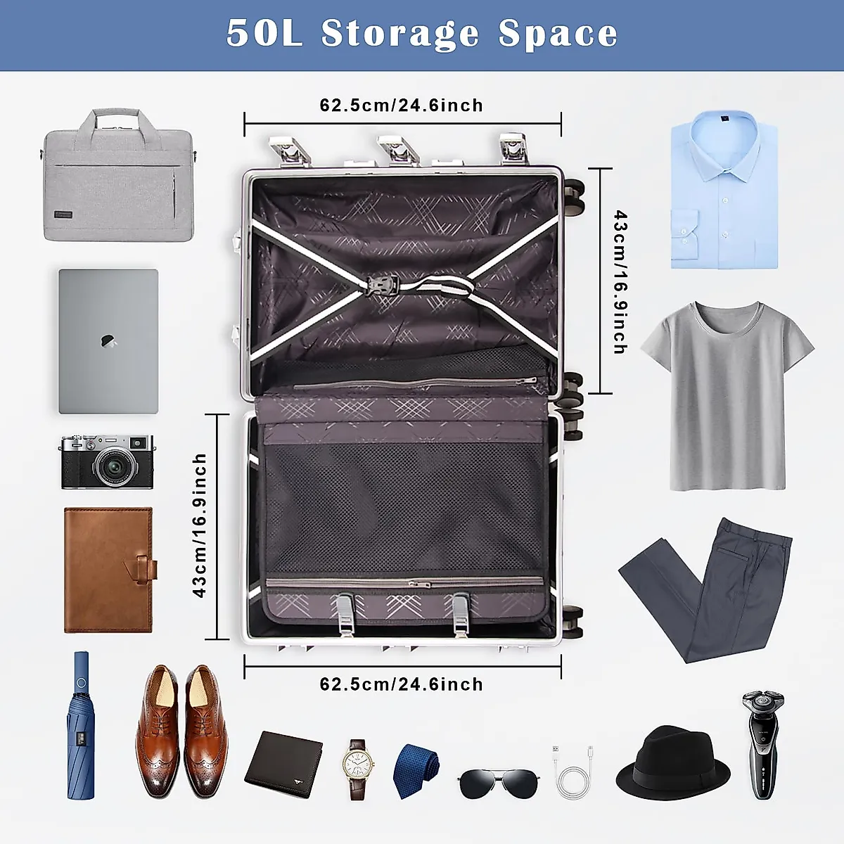 DOMINOX All Aluminum Carry On Luggage Hard Shell Luggage Aluminum Suitcase for Travel Zipperless Luggage Checked Luggage with Silent 360° Spinner Wheels 26 In. (Vertical Grain Style, Sliver)