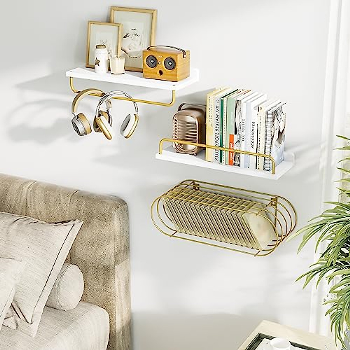 Love-KANKEI Floating Shelves Wall Mounted, Bathroom Shelf with Towel Bar, Wall Shelves with Wire Storage Basket,Wood Shelves for Kitchen Bedroom Living Room, Set of 3 White and Gold