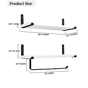 Godimerhea White Floating Shelves with Towel Holder, Modern Wall Mounted Shelf Set of 2, Neutral Wooden Storage for Wall Decorative Hanging Shelf for Bathroom, Kitchen, Living Room
