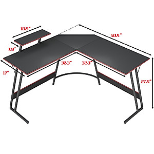 GUNJI 51” Gaming Desk L-Shaped Computer Corner Desk Modern PC Game Table with Monitor Stand for Home Office Sturdy Writing Workstation (Black)