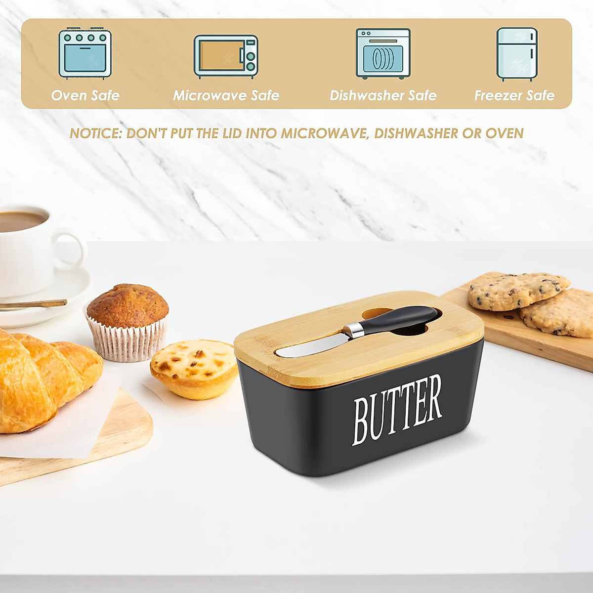 Ceramic Butter Dish with Lid and Knife, Airtight Black Butter Container, Butter Holder for Butter Storage, Butter Keeper for Countertop, Perfect for West or East Coast Butter