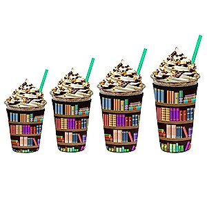 Iced Coffee Sleeve Colorful Bookshelf, Rainbow Book Library Reusable Neoprene Insulated Sleeves Cup Cover Holder for Cold Drinks Beverages 22oz - 24oz