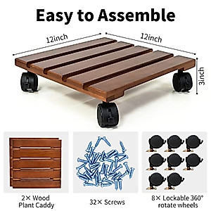 MISUMISO Plant Caddy Wooden Lockable Plant Stand Heavy Duty Plant Dolly 2 Pack Square Sturdy Design Indoor Outdoor Hold Up to 150lb (12" Square, Brown)