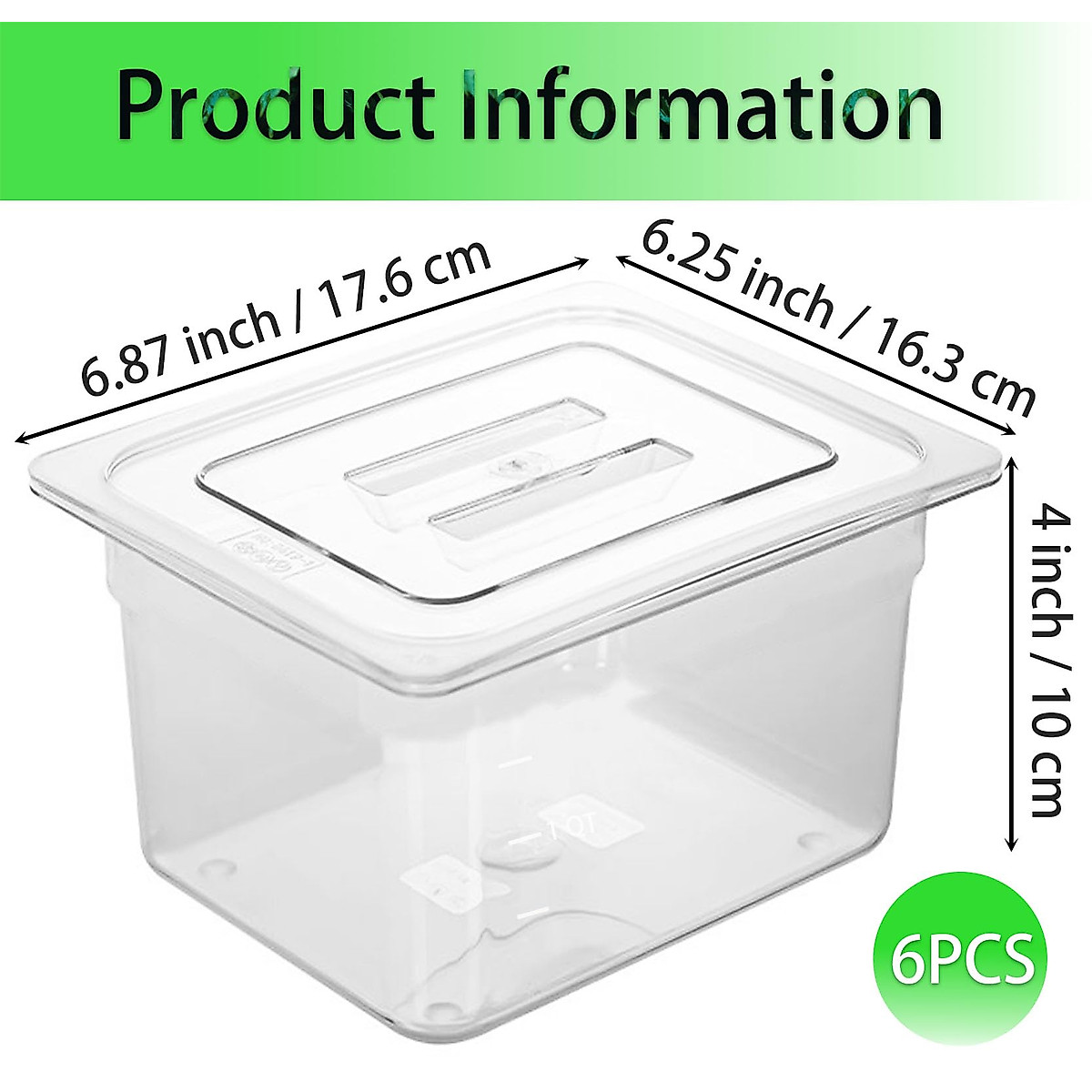 Cheardia 6 Pack 1/6 Size Polycarbonate Food Pans with Lids, Plastic Clear Restaurant Containers Salad Bar Containers for Fruits, Vegetables, Kitchen Food Prep, 4 Inch Deep