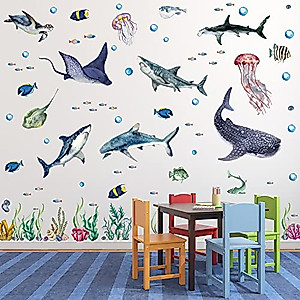 3 Pieces Large Watercolor Sharks Wall Decals Ocean Animal Peel and Stick Wall Sticker Under The Sea Marine Life Theme Decals Nursery Room Home Decor Boy Girl Kid Party Supply, 11.2 x 34.6 Inches