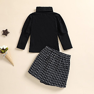 Kupretty Toddler Baby Girl Fall Winter Clothes Turtleneck Solid Knit Pullover Tops Plaid Button A-Line Skirts Set Outfits (Black Plaid Skirt Set, 3-4T)
